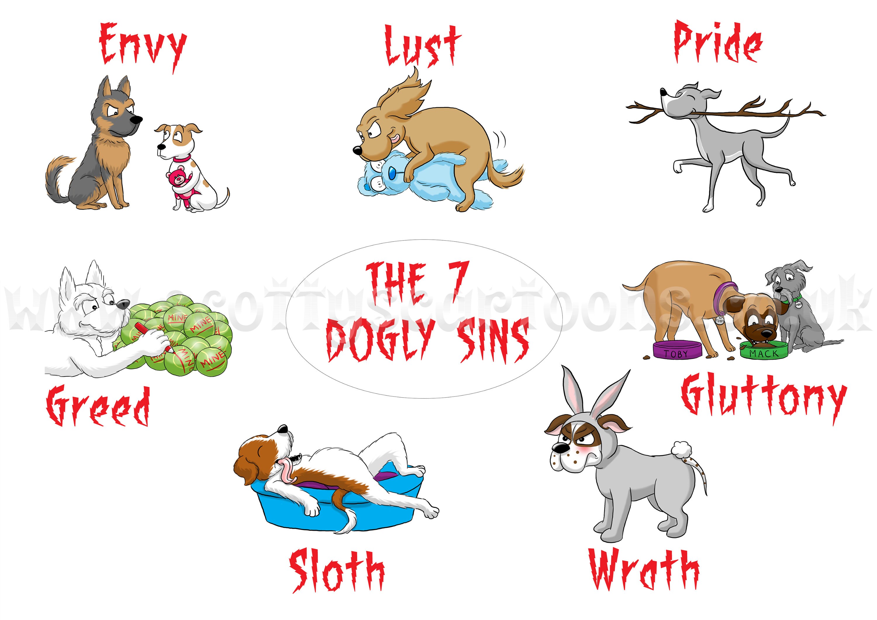 A4 Funny Print 7 Deadly Sins Cartoon Funny Dogs Picture | Etsy