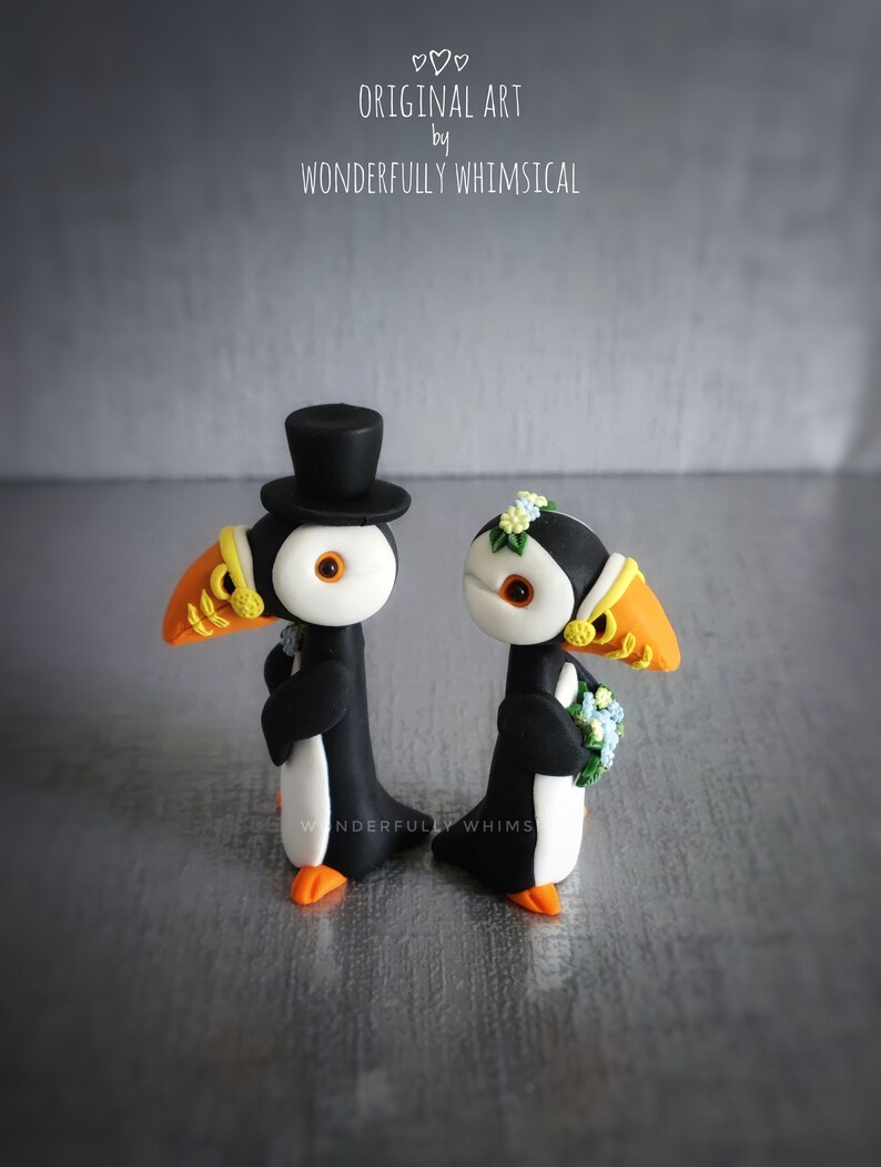 Puffin Bird Wedding Cake Topper Mini Small Animal Handmade Clay Bride ...