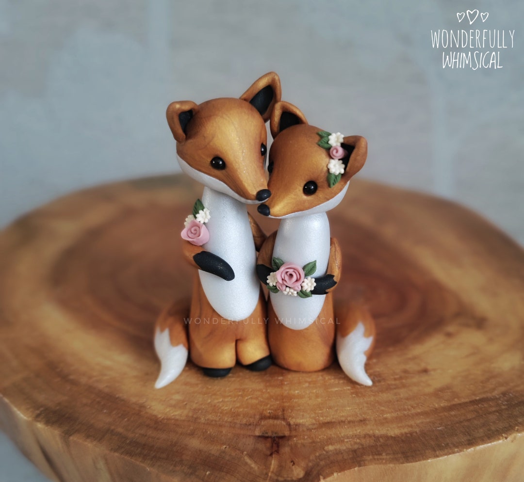 Mini Small Fox Wedding Cake Topper Red Foxes Animal Handmade Clay Bride ...