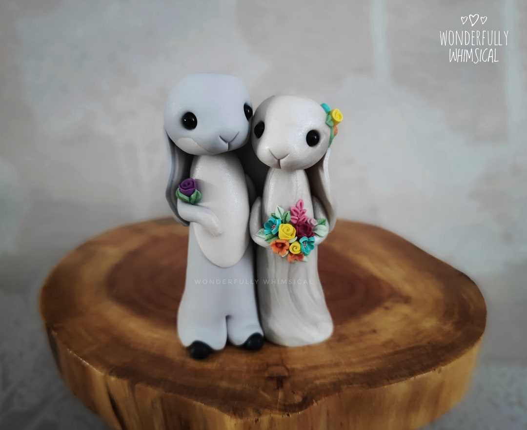 Bunny Rabbit Grey Wedding Cake Topper Animal Handmade Clay Bride Groom ...