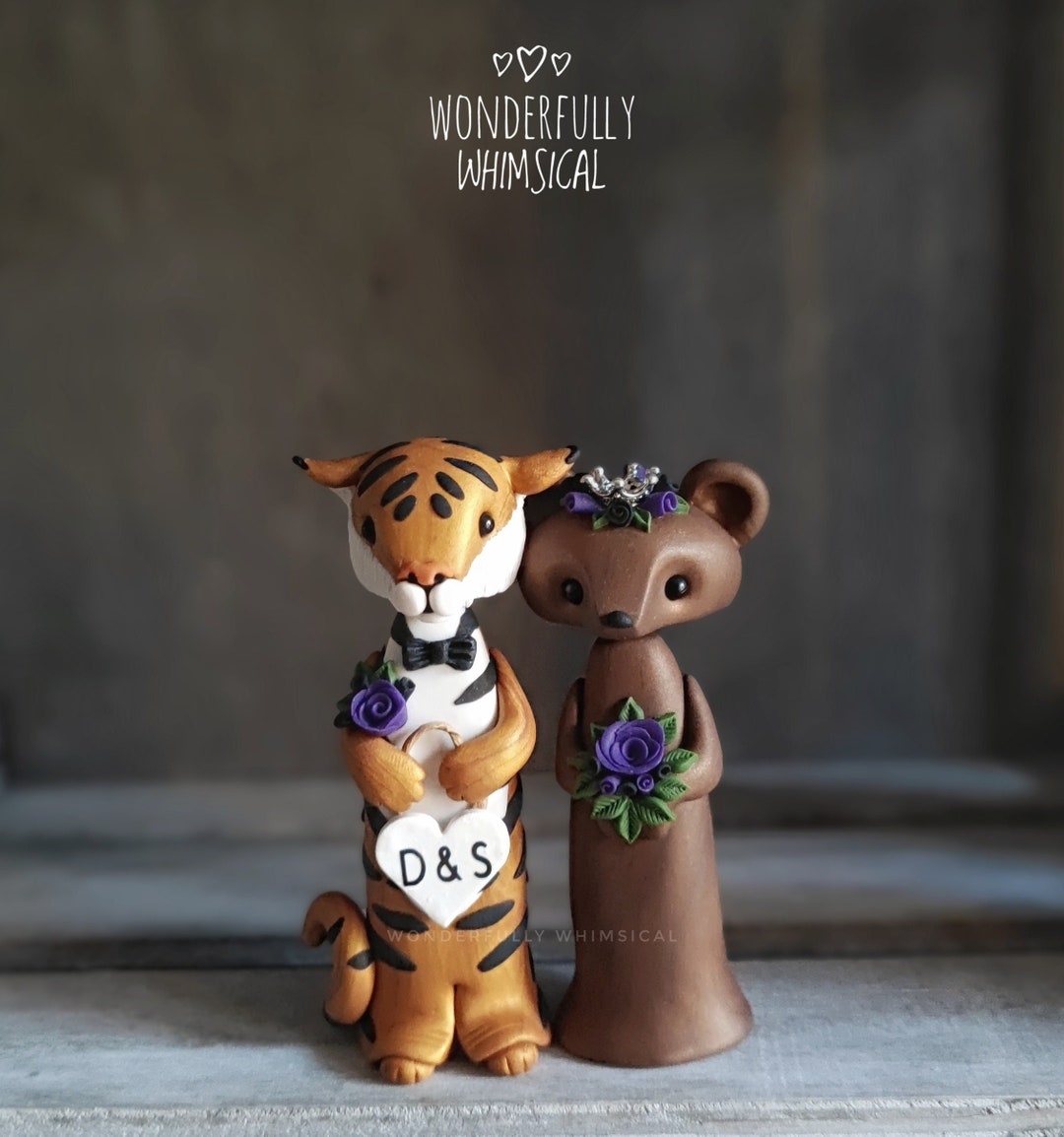 Tiger Bear Brown Wedding Cake Topper Animal Handmade Clay Bride Autumn ...