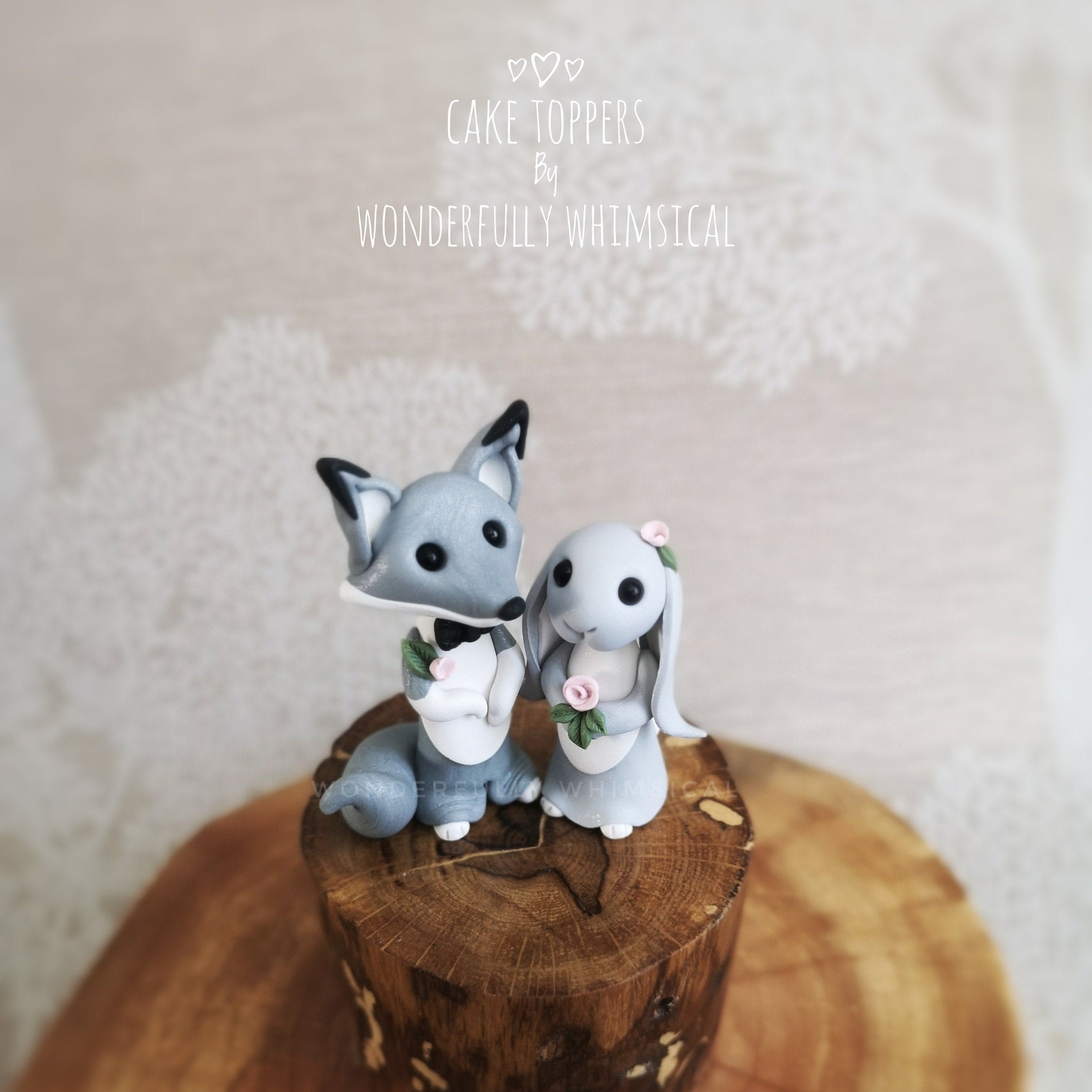 Wolf Bunny Rabbit Wedding Cake Topper Mini Animal Handmade Clay Bride ...