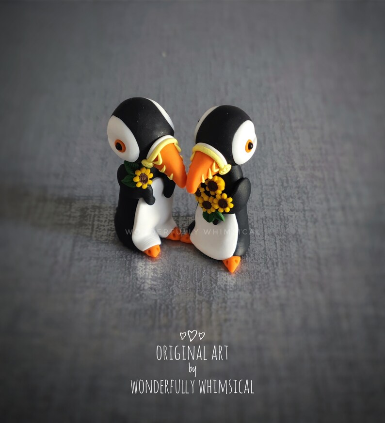 Puffin Bird Wedding Cake Topper Mini Small Animal Handmade Clay Bride ...