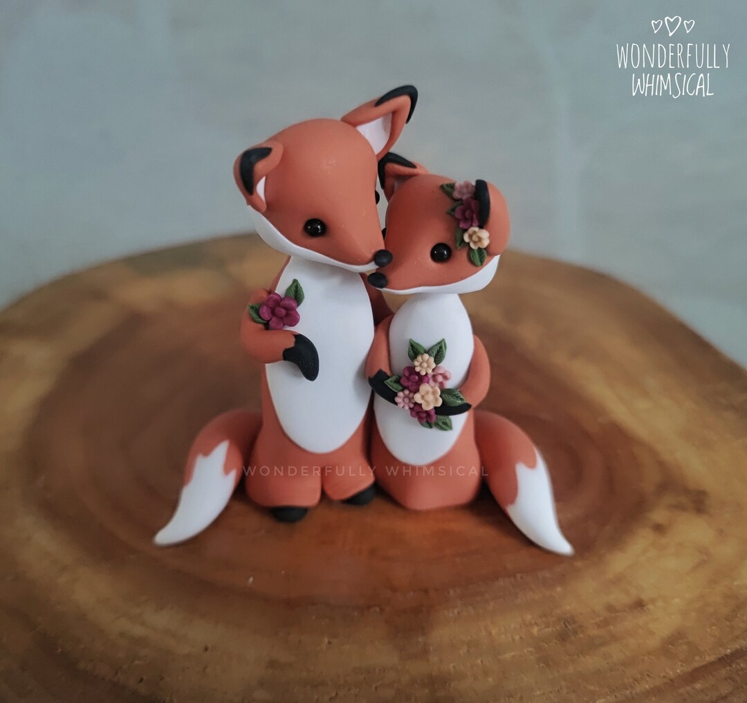 Mini Small Fox Wedding Cake Topper Red Foxes Animal Handmade Clay Bride ...