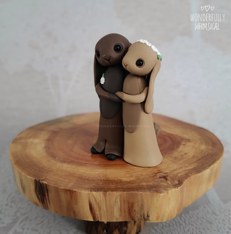 Bunny Rabbit Brown Wedding Cake Topper Animal Handmade Clay Bride Groom ...