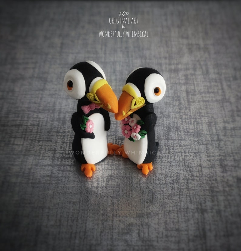 Puffin Bird Wedding Cake Topper Mini Small Animal Handmade Clay Bride ...