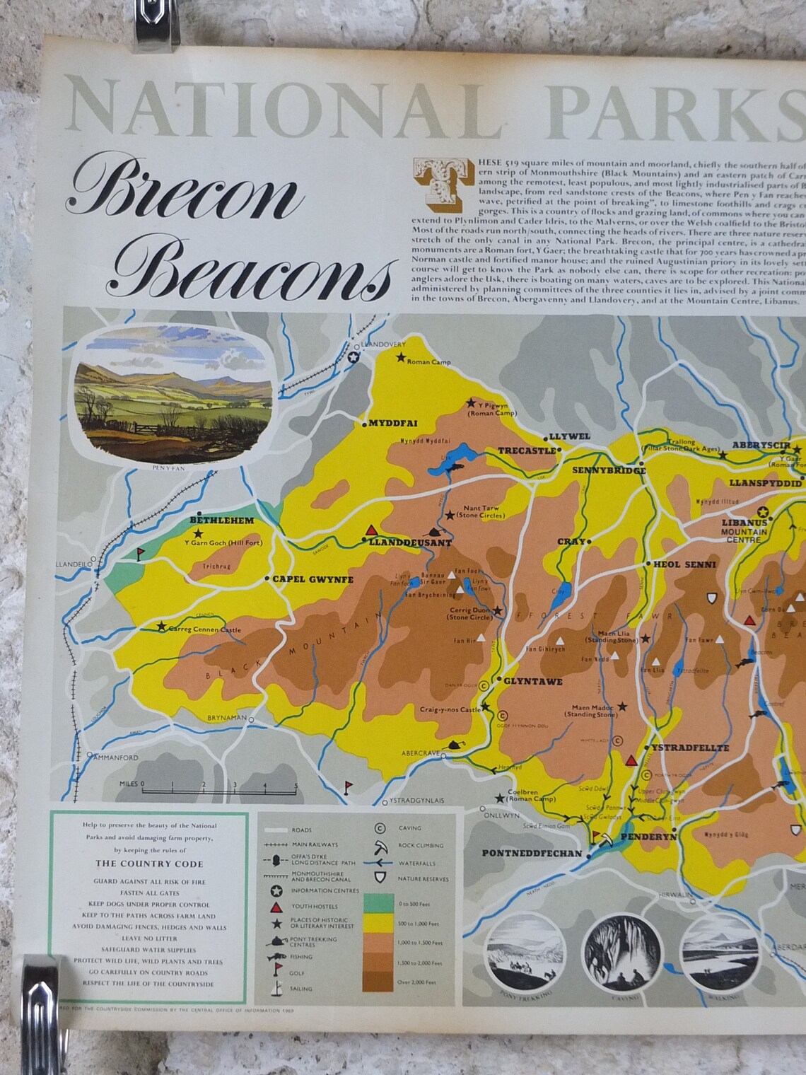 1969 Brecon Beacons Poster, National Parks, South Wales, Old Red ...
