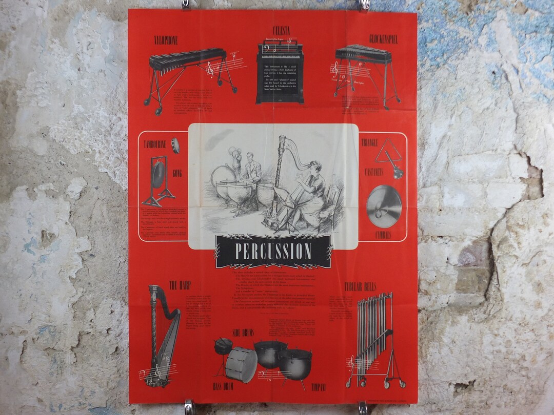 Vintage Percussion Instruments Music Poster, Drums, Xylophone, Harp ...