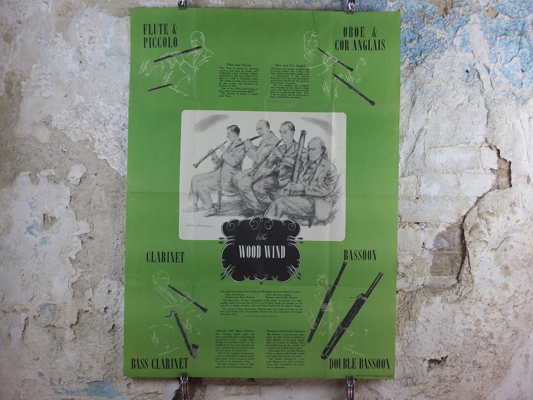 Vintage Woodwind Instruments Music Poster, Flute, Piccolo, Oboe ...