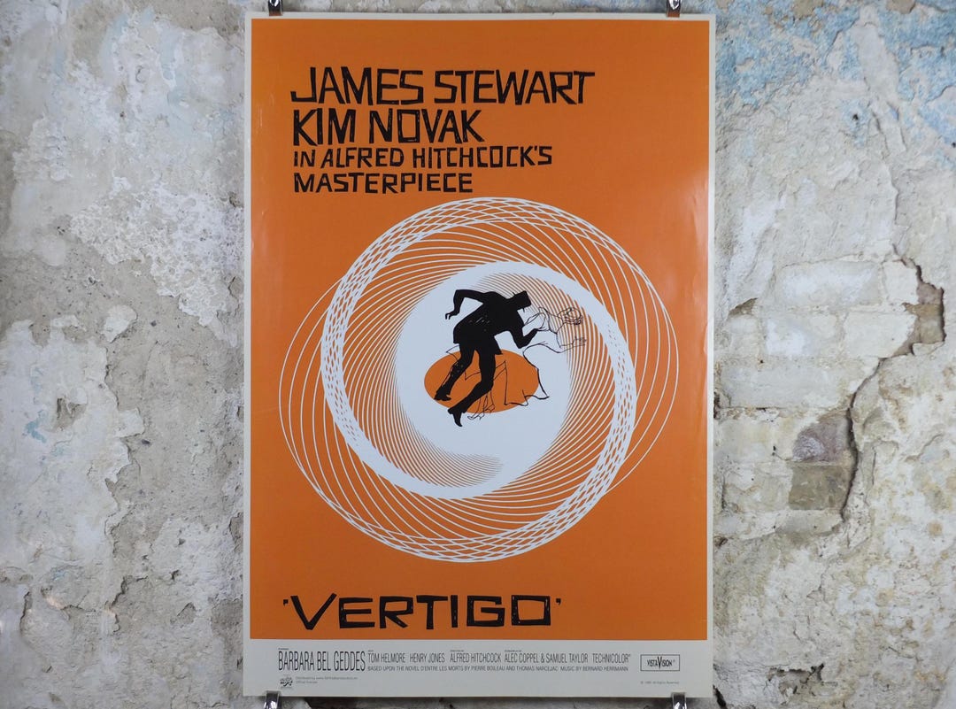 1985 Vertigo Movie Poster, Alfred Hitchcock, James Stewart & Kim Novak ...