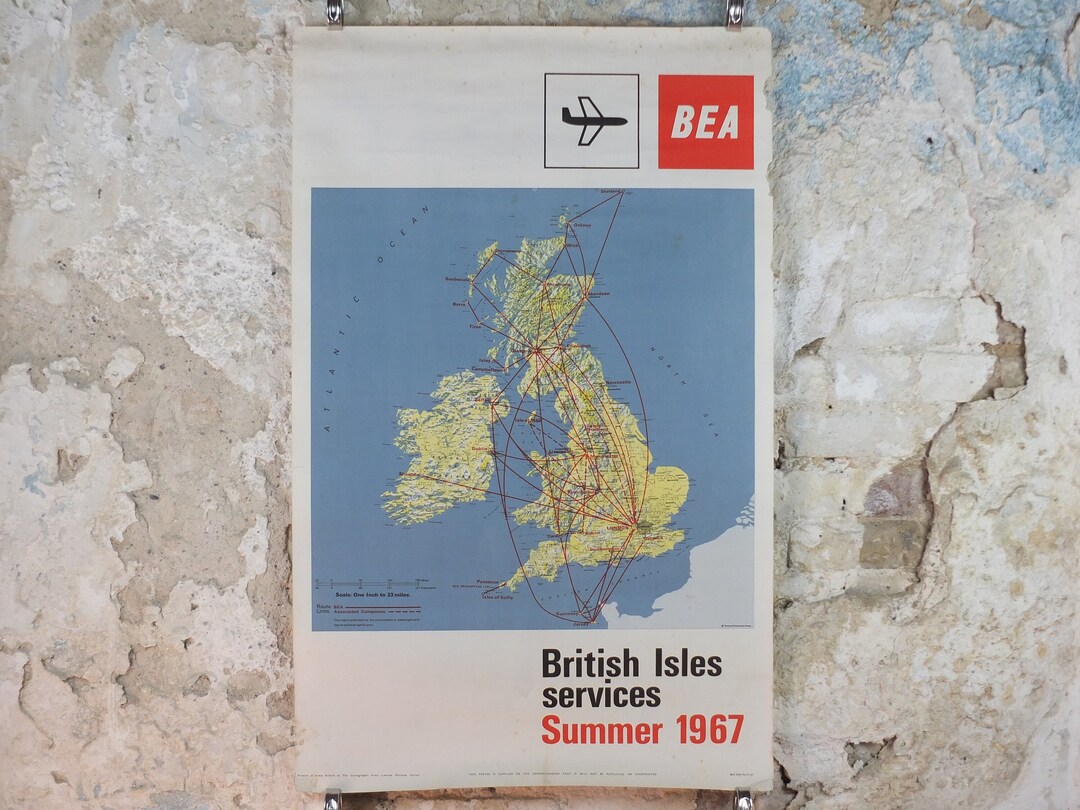 1967 BEA British Isles Route Map Poster, British European Airways ...