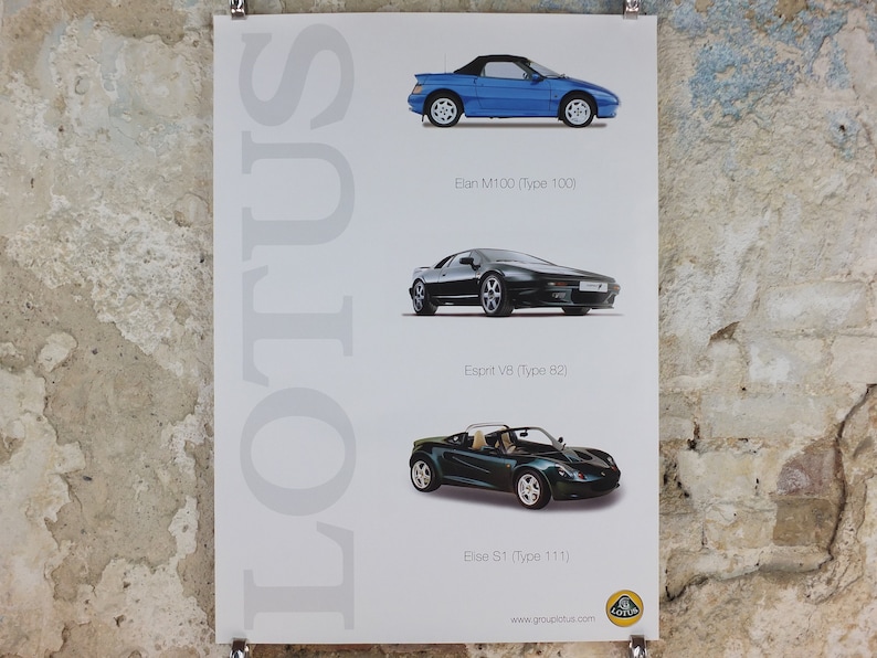 2000s Lotus Poster, Showing the Sports Cars Elan M100, Esprit V8, Elise ...