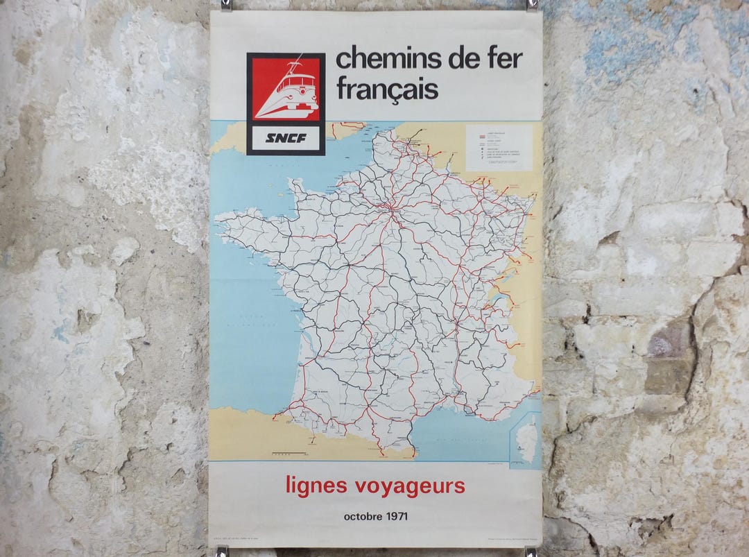 1971 France SNCF Rail Map Poster, French National Railways, Lignes ...