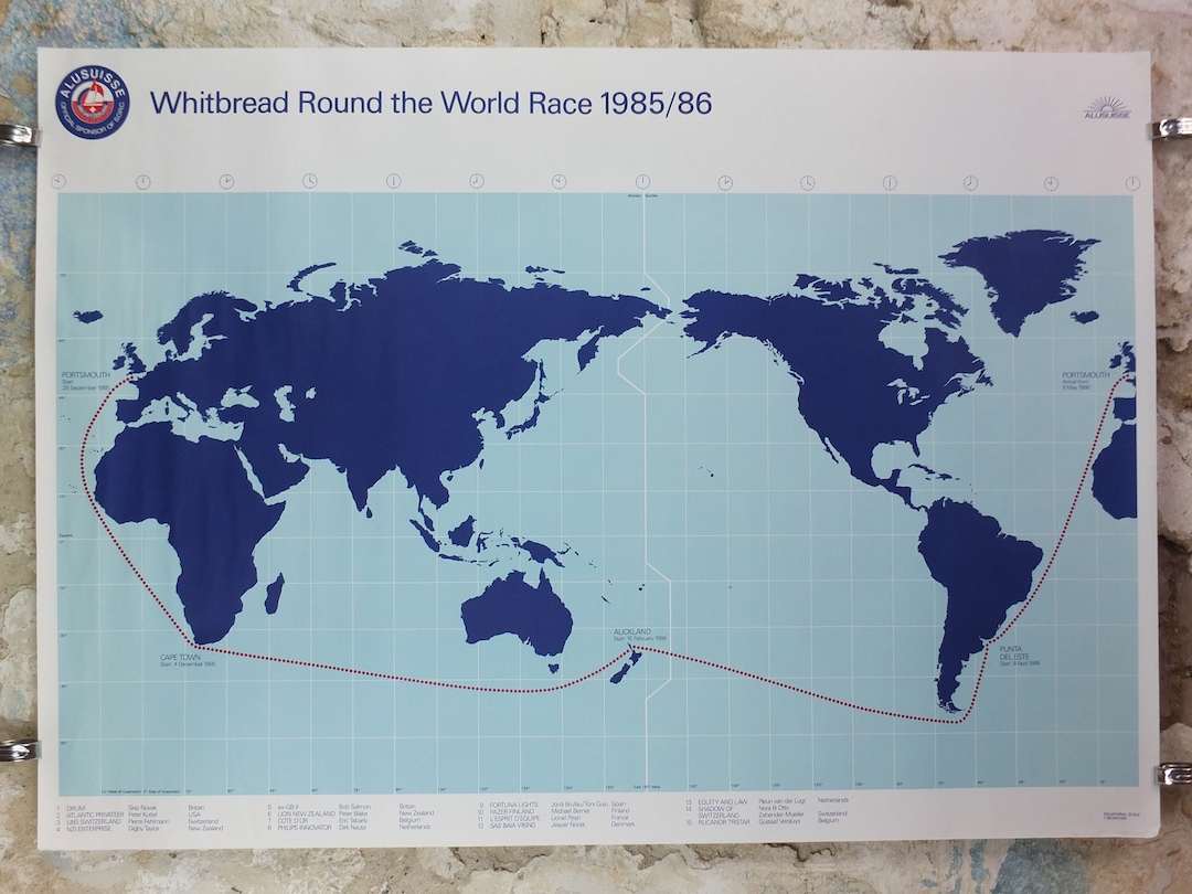 1986 Map of Whitbread Around the World Race Poster, the Ocean Race ...