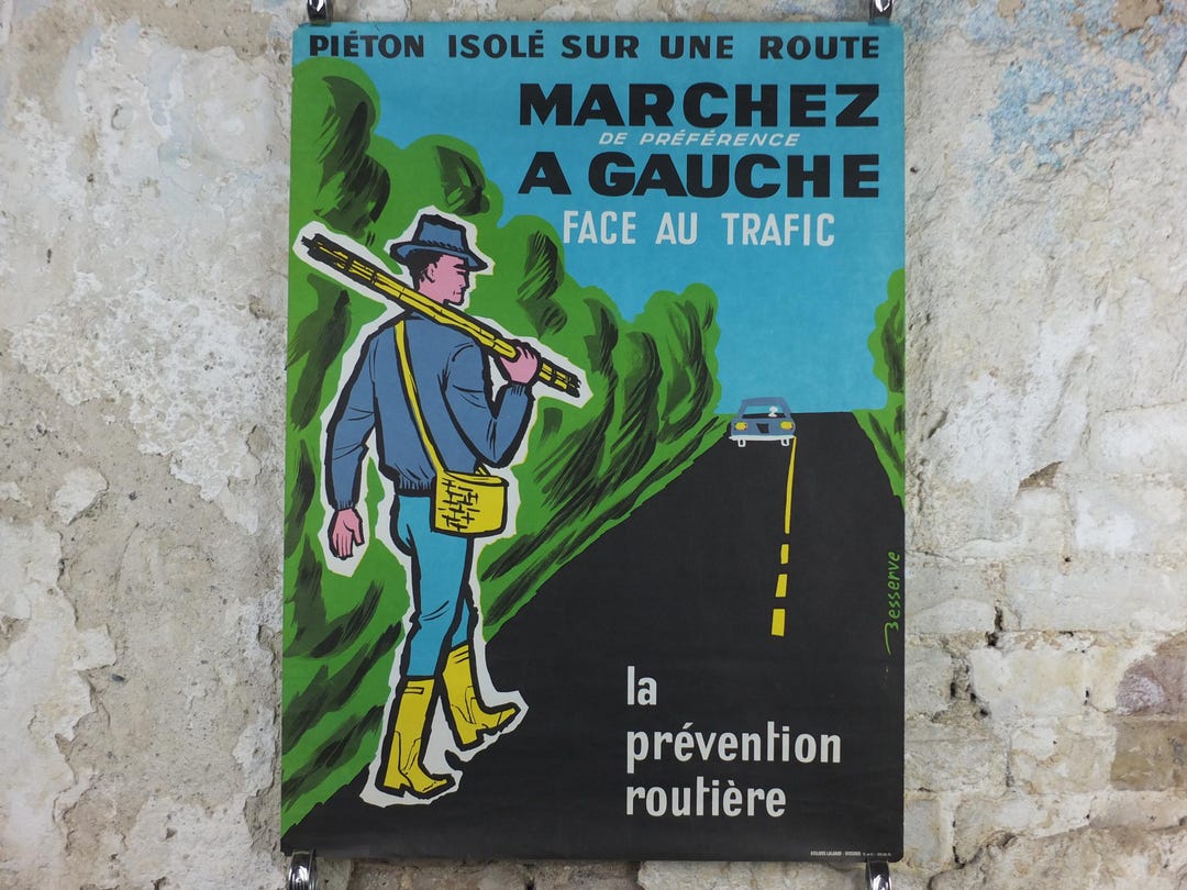 1960s French Road Safety Poster, Walk on the Left Facing Traffic, by ...