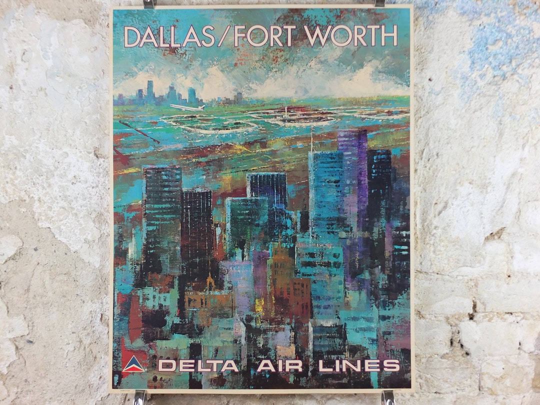1970s Dallas / Fort Worth Delta Airlines Poster, Skylines of Dallas and ...
