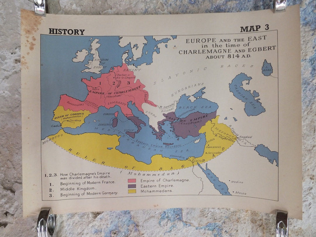 Original Vintage British Educational Geography Map Charlemagne Franks ...