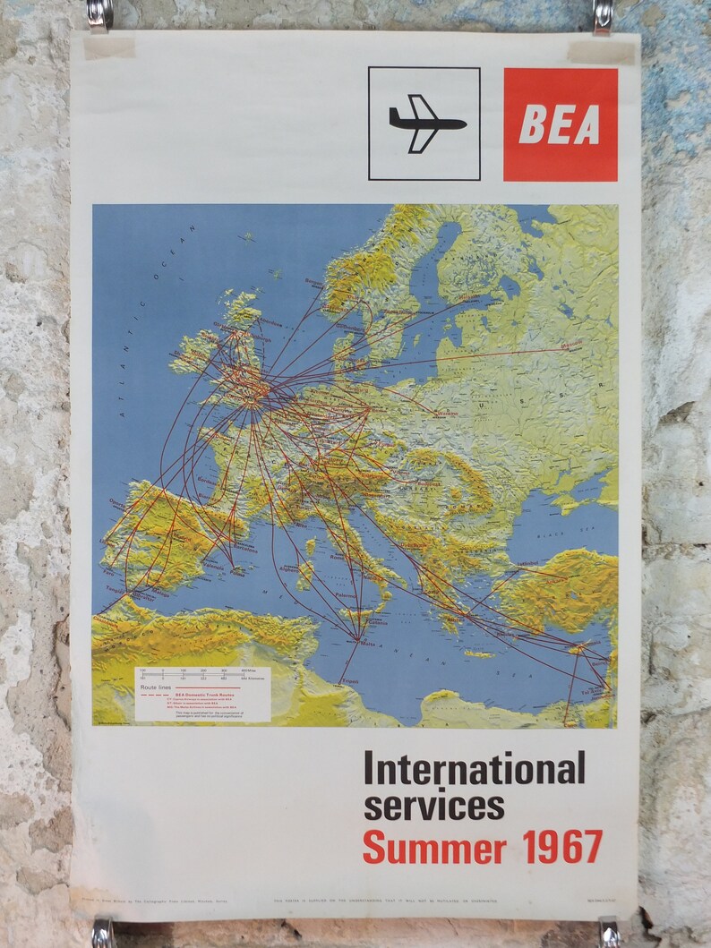 1967 BEA Europe Route Map Poster, British European Airways, Original ...