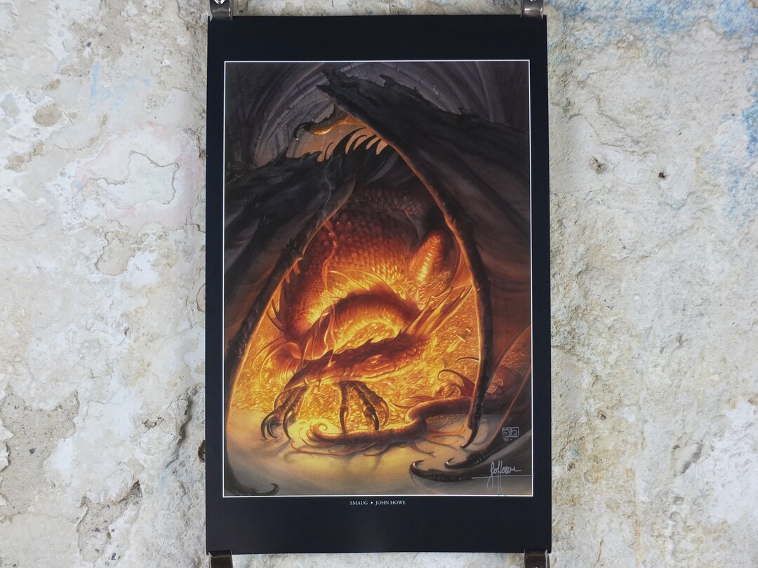 Hand Signed John Howe Smaug Poster, 1999 Tolkien the Hobbit, Middle ...