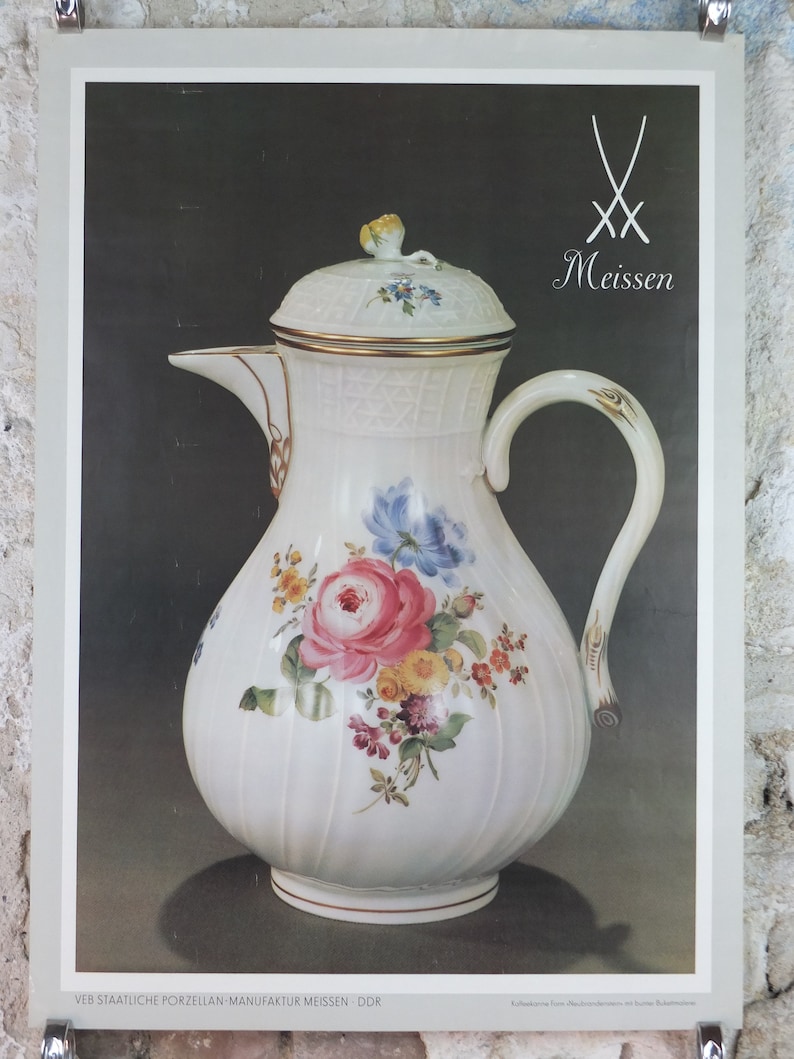 1980s Meissen China Poster, Floral Jug, Porcelain From DDR, Hard Paste ...