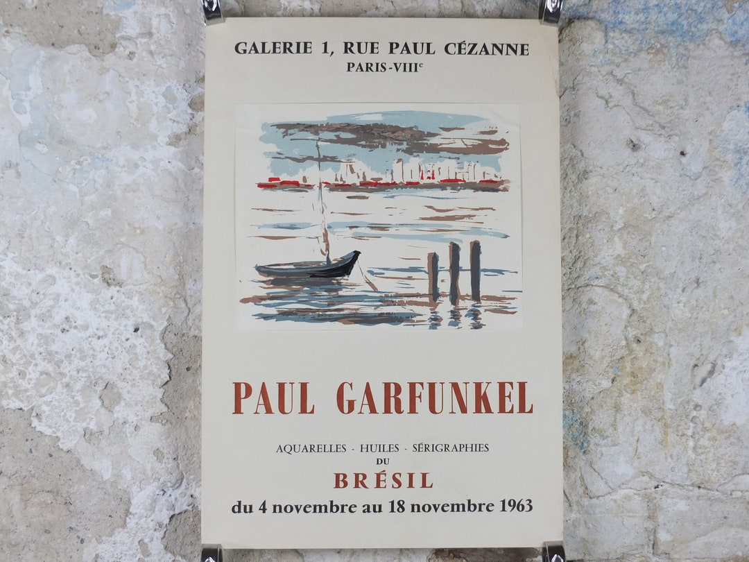 1963 Paul Garfunkel Poster, Painting of a Small Fishing Boat With Ships ...