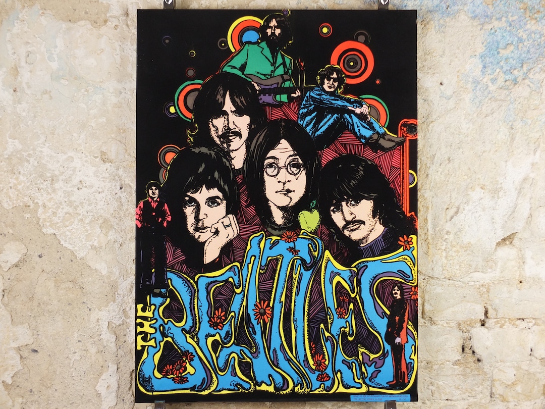 1975 Beatles Poster, Black Light Fluorescent in Felt, Colourful ...
