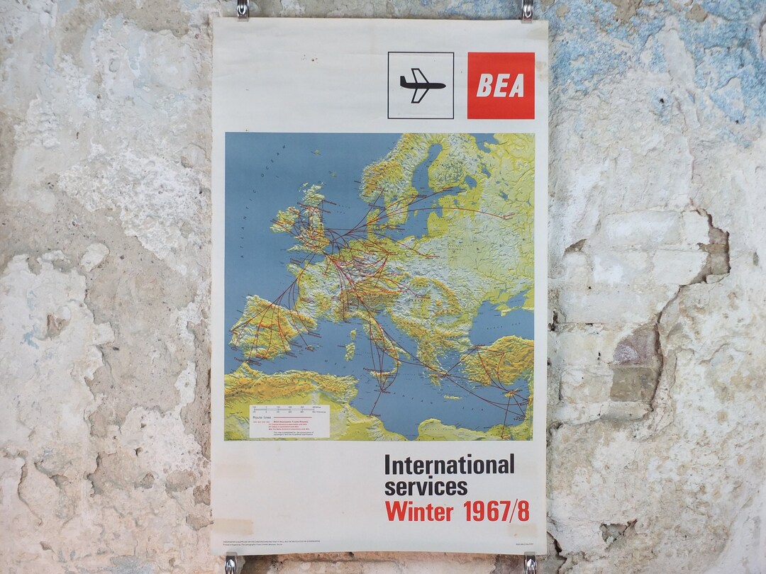 1967 BEA Europe Route Map Poster, British European Airways, Original ...