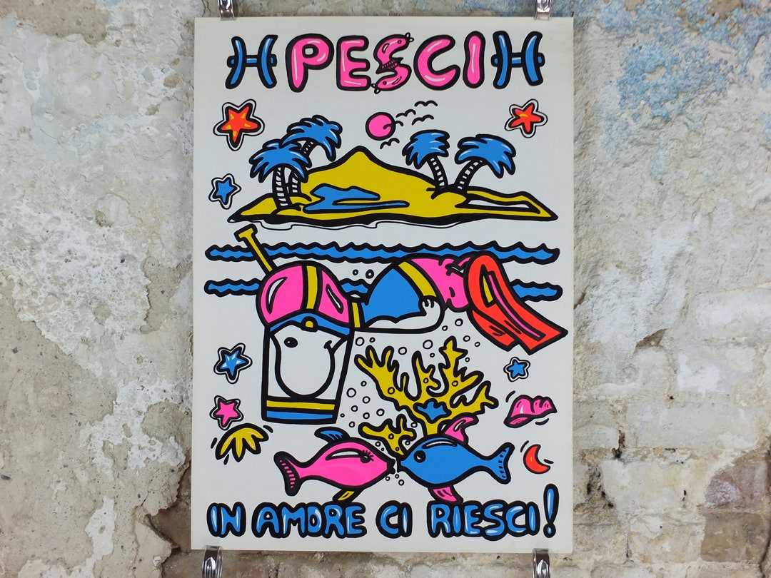 1980s Snoopy Poster, Peanuts, Pisces Zodiac Sign in Italian Fluorescent ...