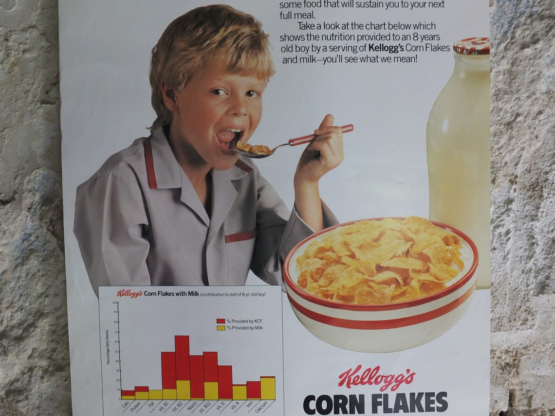 Original Vintage Kelloggs Cornflakes Poster Breakfast Cereal Fibre Milk ...