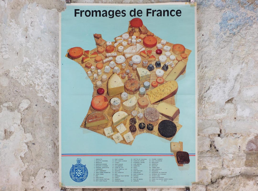 1973 Fromages De France Poster, Map of France Showing Regional Cheeses ...