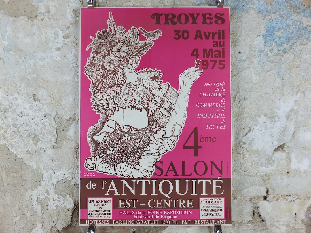 1975 French Antique Market Poster, Brocante and Braderie in Troyes in Bold Purple and Magenta ...