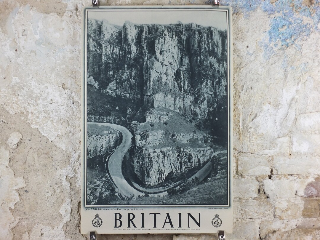 1947 Cheddar Gorge Britain Poster, Somerset Caves, Travel Association ...