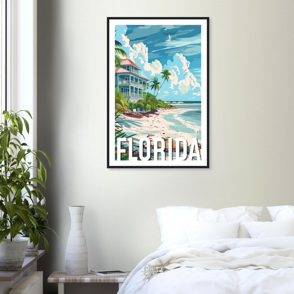 Framed Florida Landscape Art Print, Coastal Beach House Illustration ...