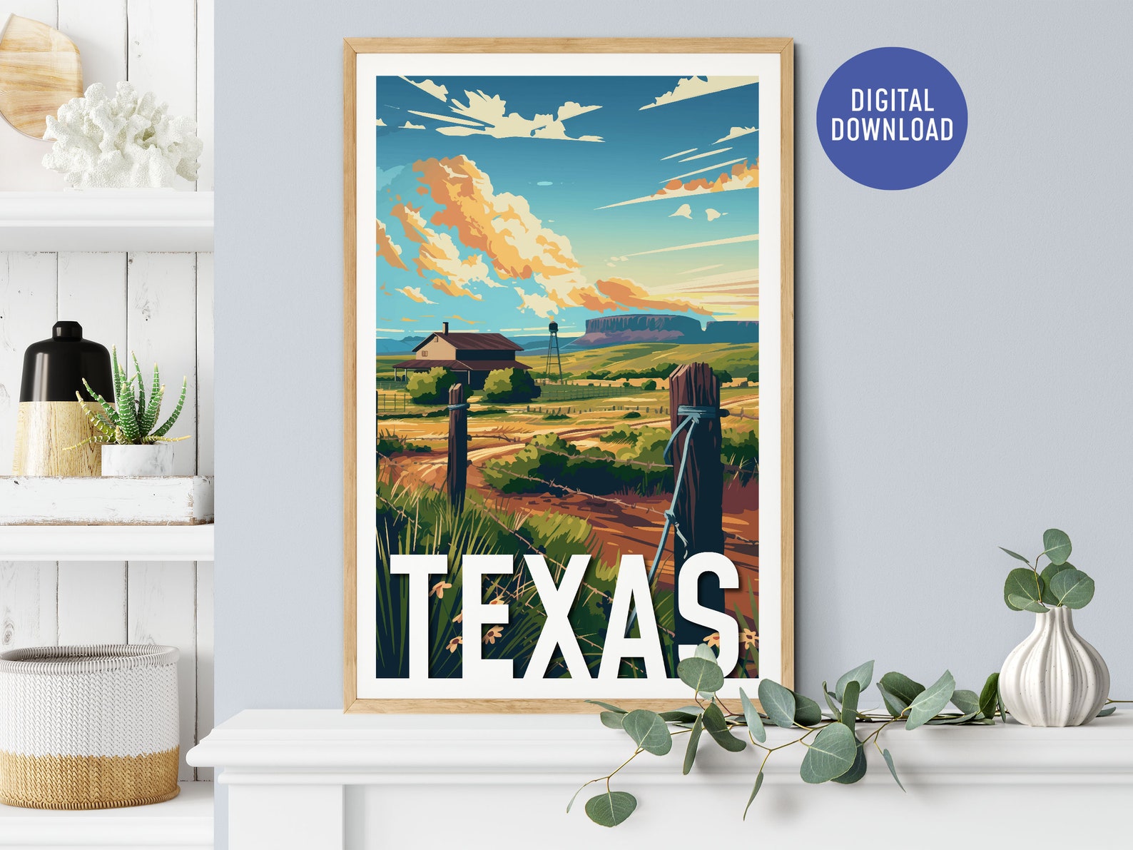 Texas Ranch Landscape Art Print, Rustic Farmhouse and Prairie Poster ...