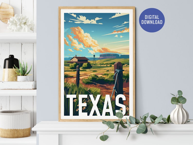 Texas Ranch Landscape Art Print, Rustic Farmhouse and Prairie Poster ...