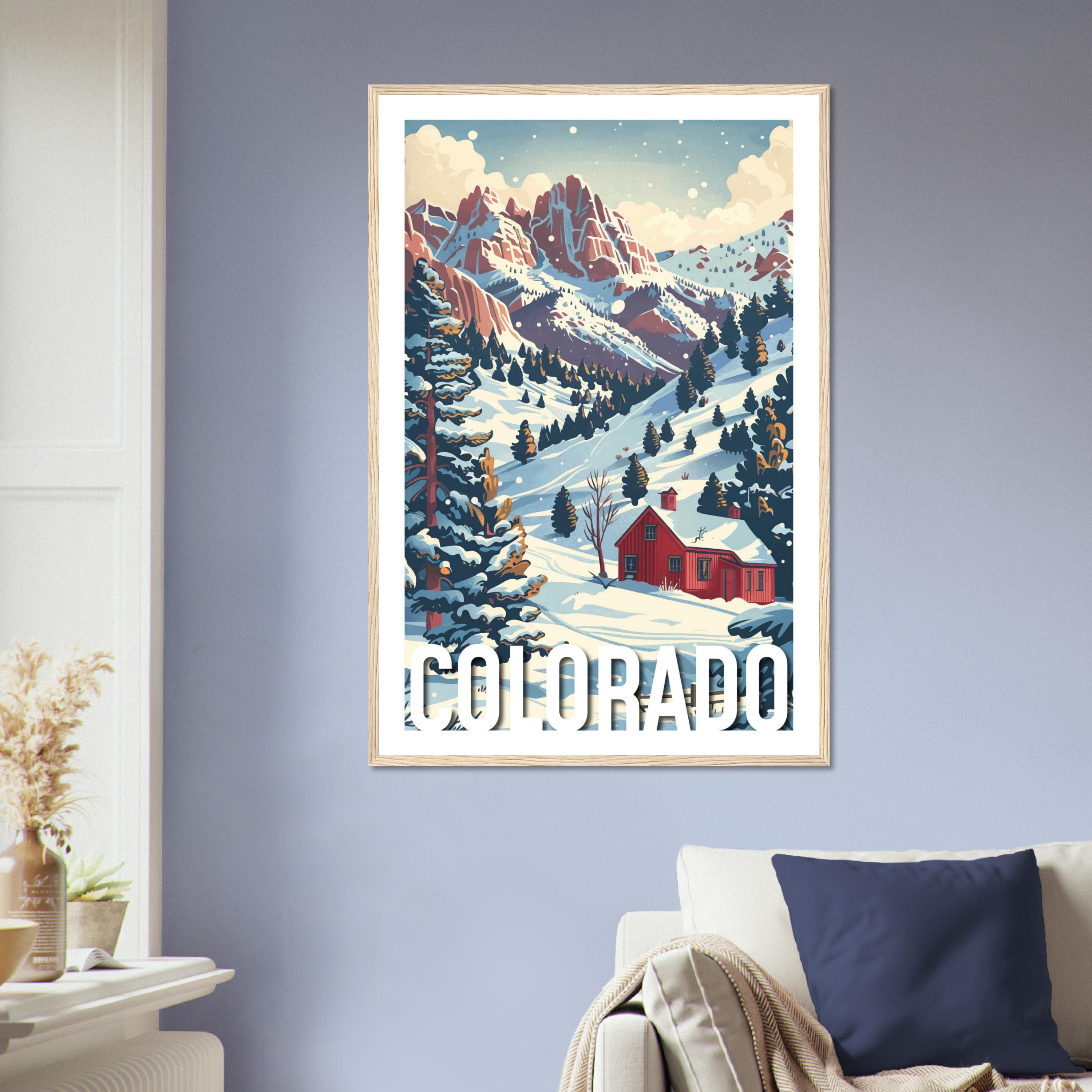Framed Colorado Landscape Art Print, Snowy Mountain Illustration ...