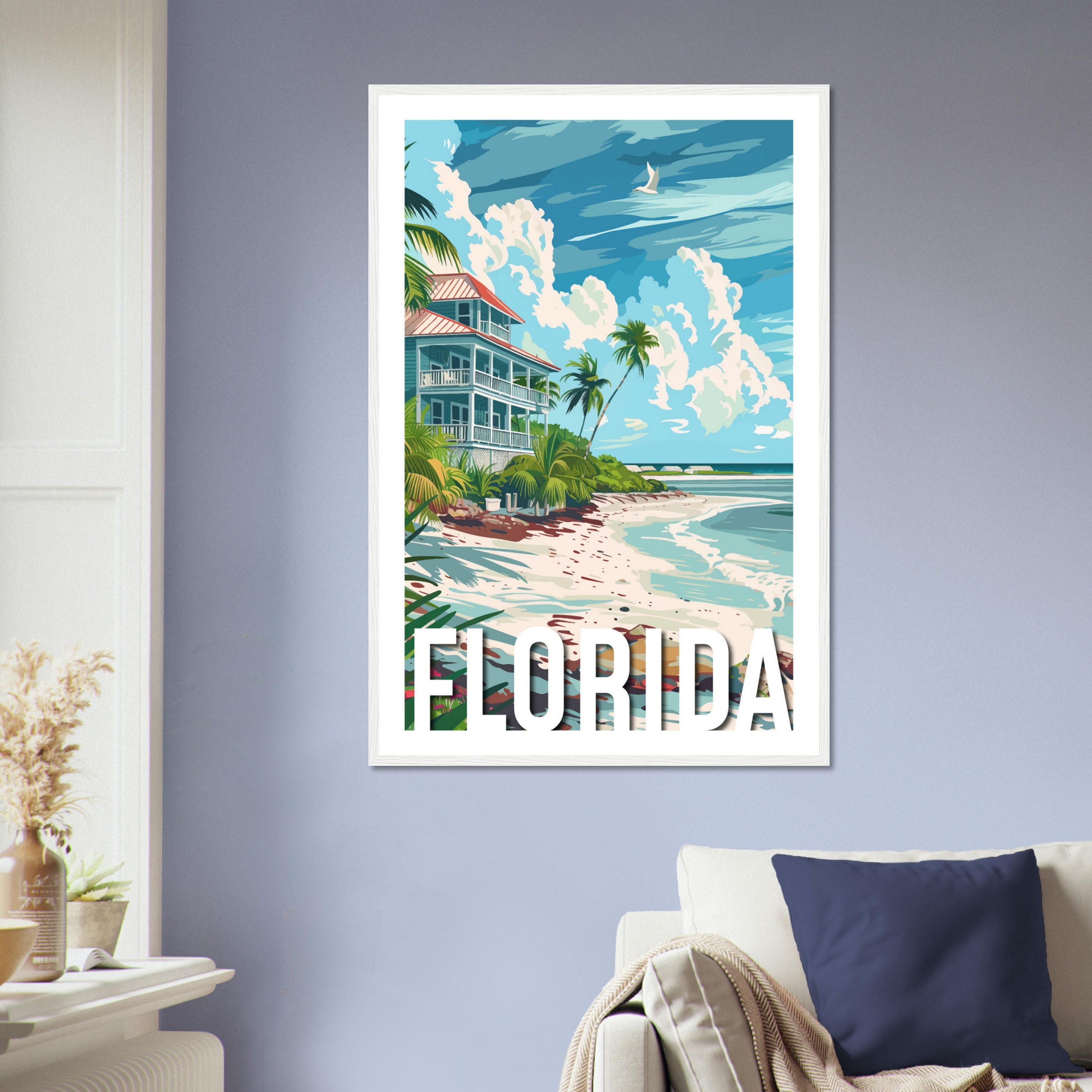 Framed Florida Landscape Art Print, Coastal Beach House Illustration ...