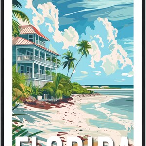 Framed Florida Landscape Art Print, Coastal Beach House Illustration ...