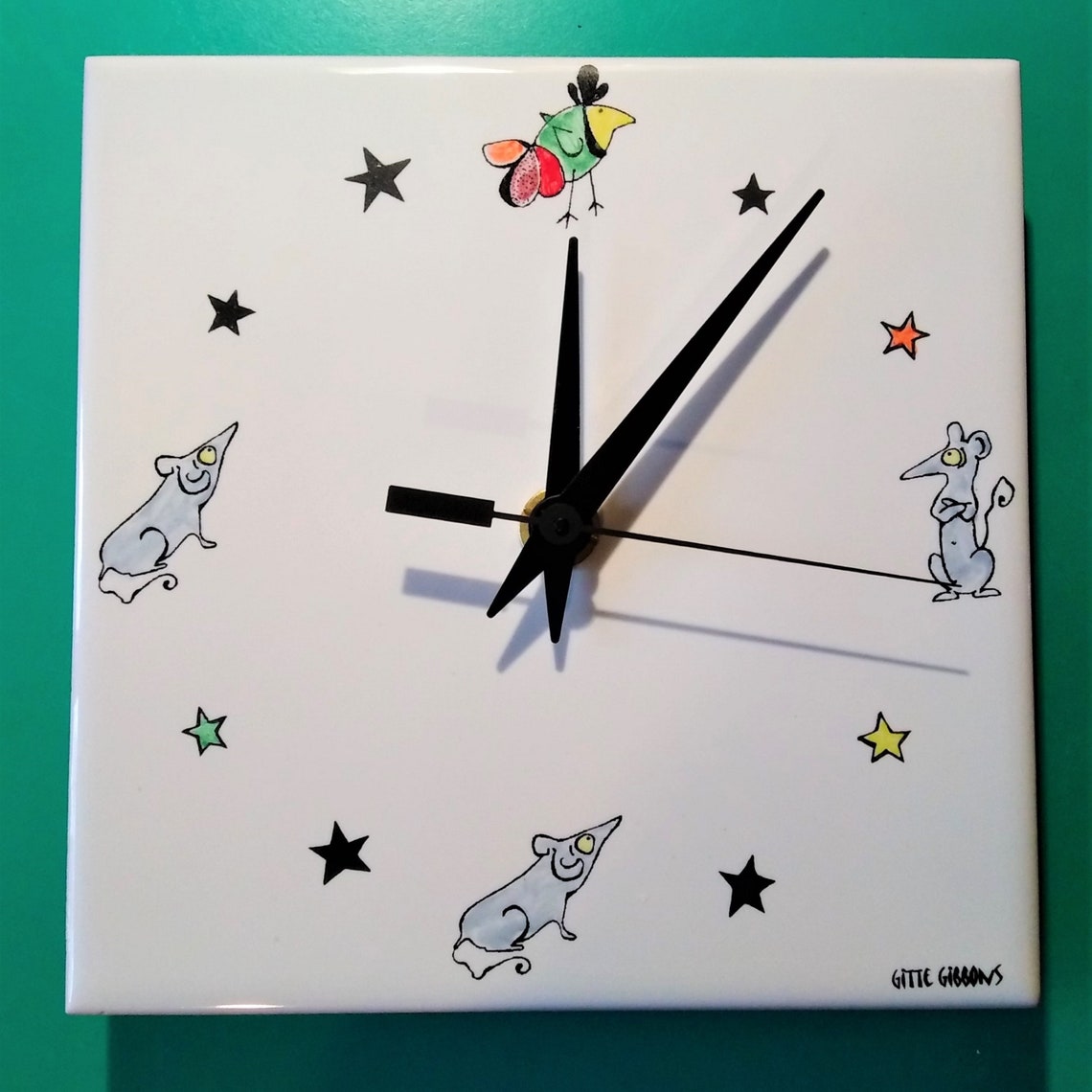 Mice on a Tile Wall Clock With a Bird and With a Battery | Etsy