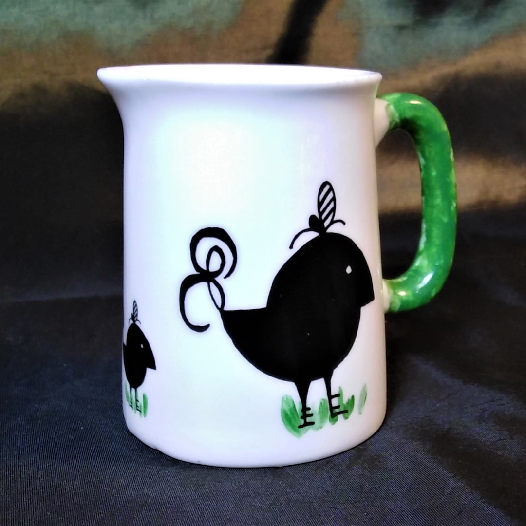 Milk Jug in White Fine Bone China With Black Chicken and a Green Handle ...