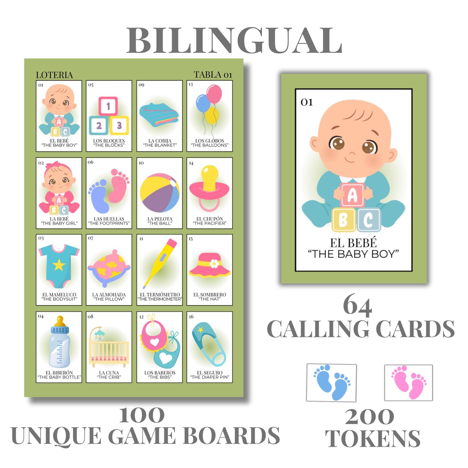 Bilingual Baby Shower Loteria Bingo With 100 Non-repeated Tablas ...