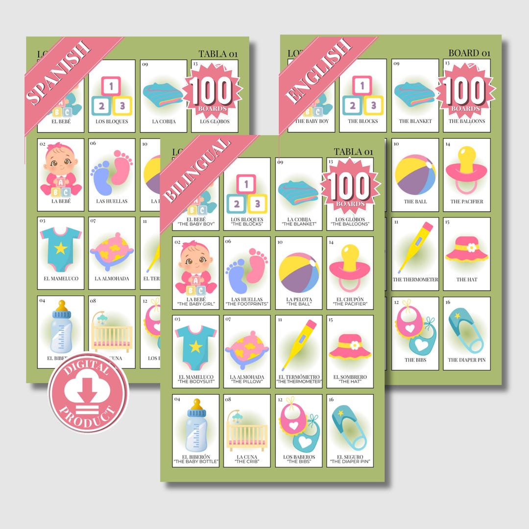 Bilingual Baby Shower Loteria Bingo With 100 Non-repeated Tablas ...
