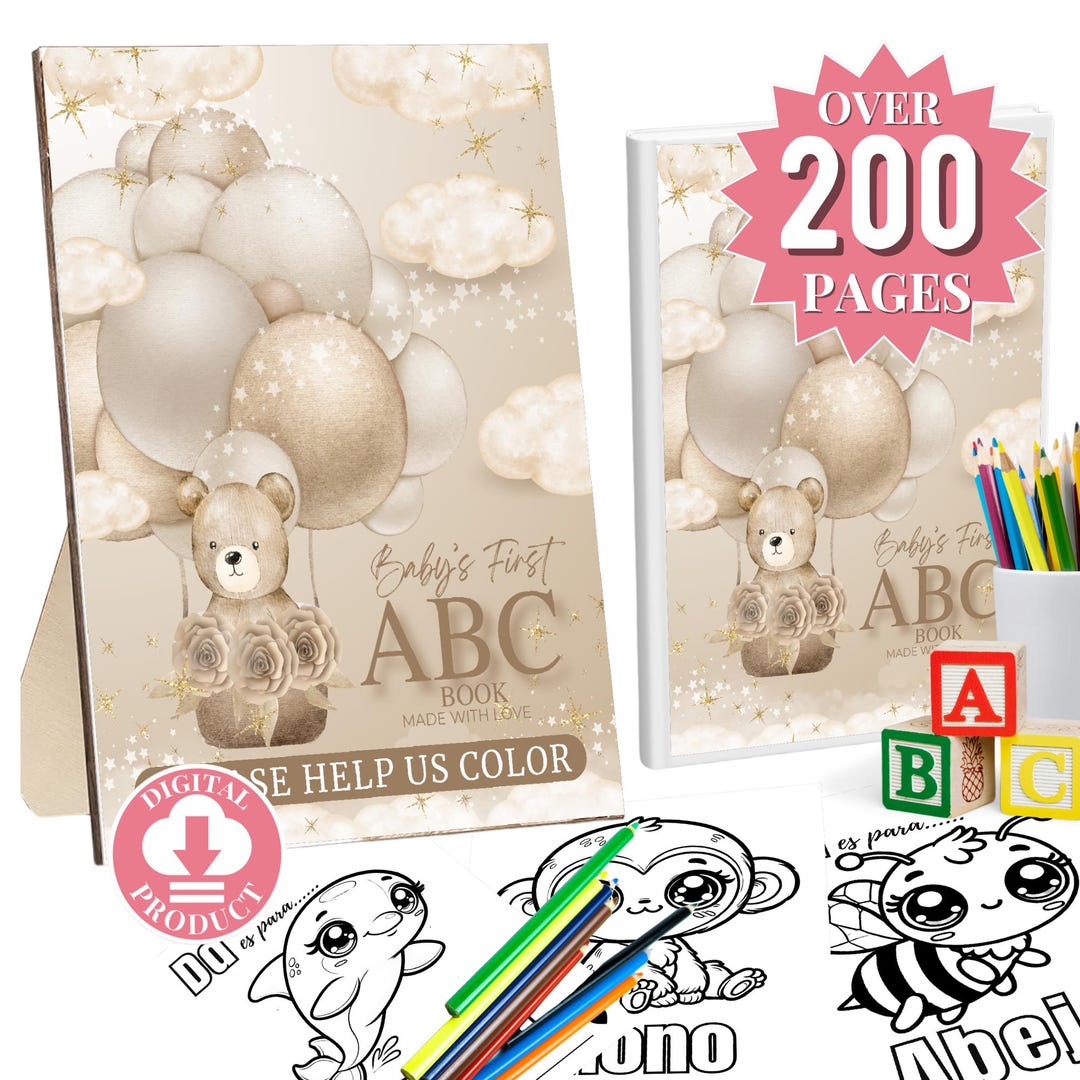 200 Pages ABC Baby Shower Coloring Book, Baby's First ABC Book,bears ...