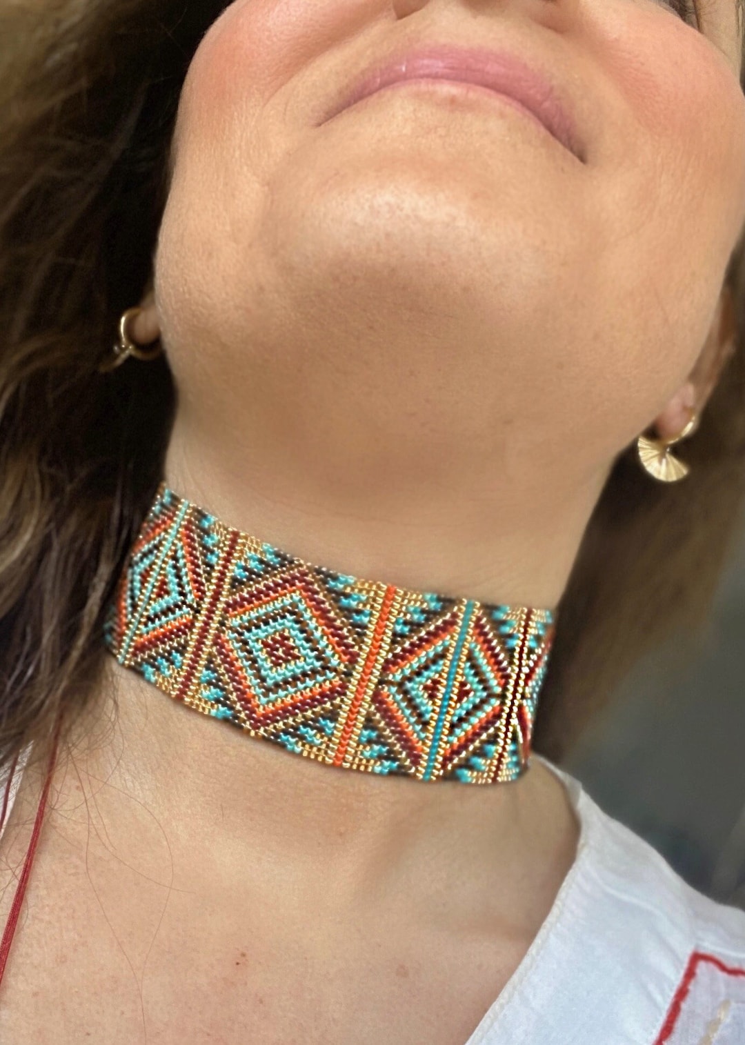 Native American Beaded Choker Necklace, Ethnic Bead Loom Choker, Aztec ...