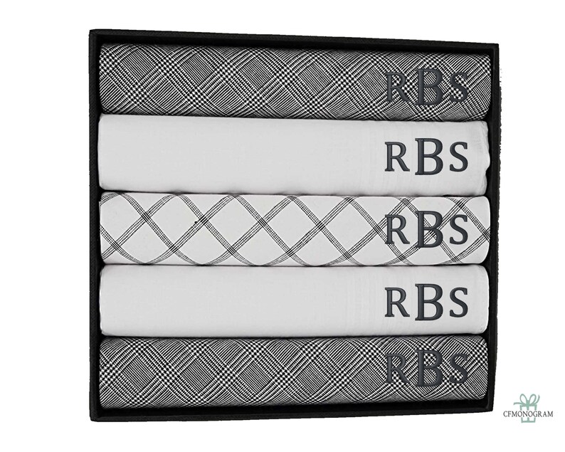 Mens Handkerchief Set of 5, Grey Monogram Handkerchiefs, Grey Plaid ...