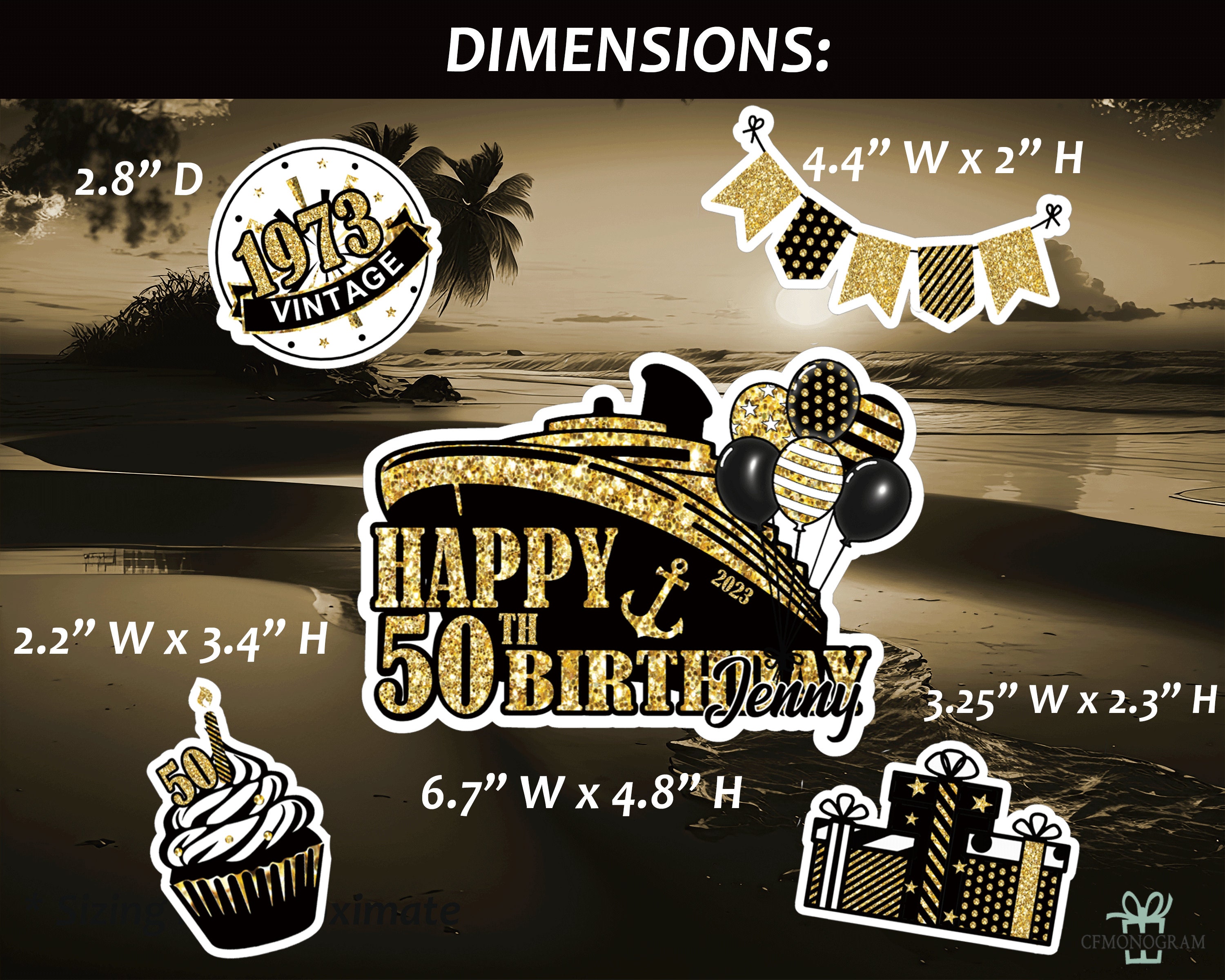 Personalized 50th Birthday Cruise Door Magnet, Vintage Gold Glitter ...