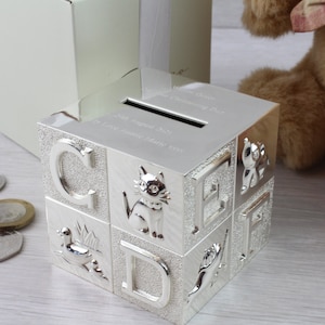 Personalised Engraved ABC Money Box, New-born Baby, Christening Baby ...