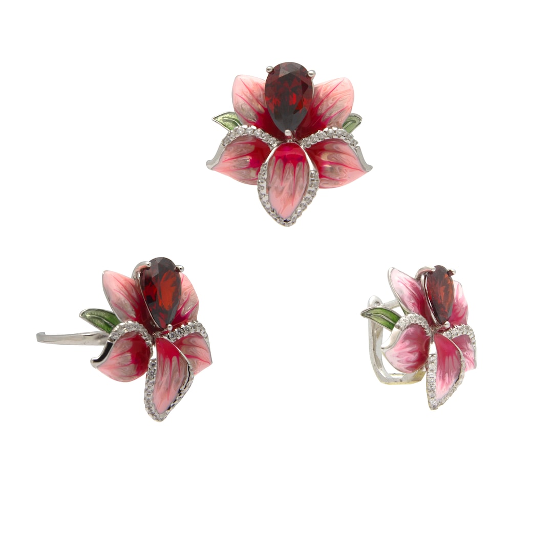 Bridal Floral Jewellery, Red Flower Set, Red and Pink, in Sterling ...