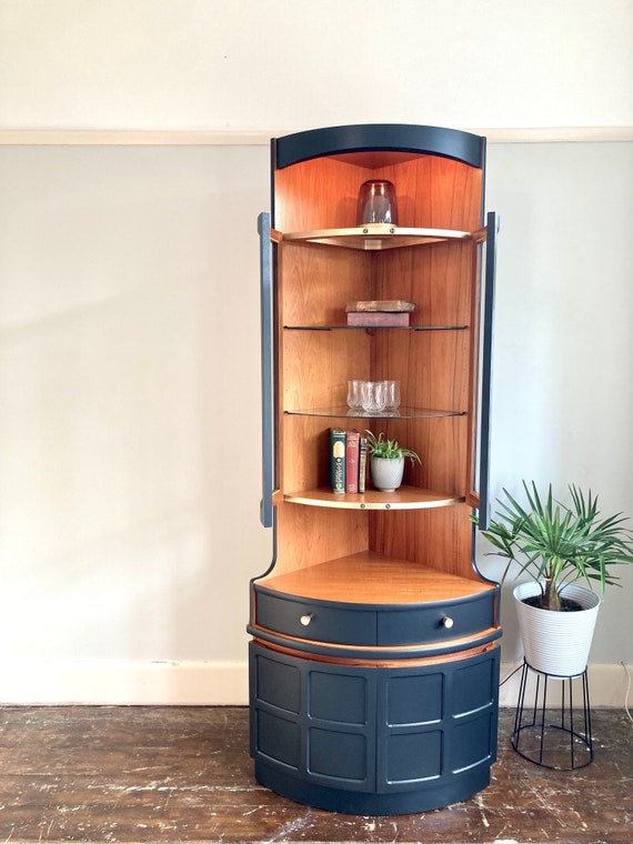 Tall Mid Century Curved Corner Drinks Cabinet With Lights in Black by Nathan Etsy