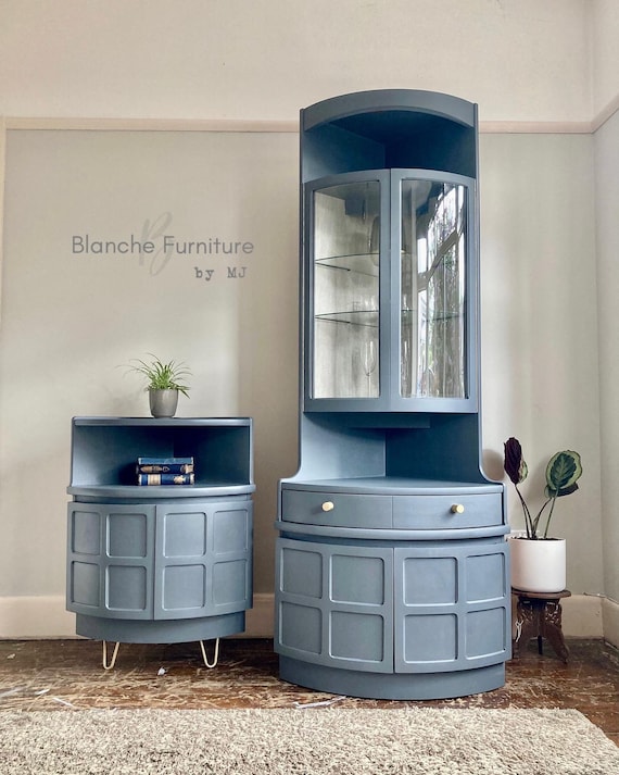 Pair of Curved Tall and Curved Lower Nathan Corner Drinks Cabinets With Light in Soapstone Grey Etsy